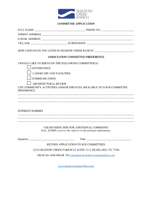 Fillable Online arc committee application - Shadow Creek Ranch HOA Fax ...