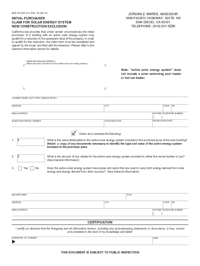 Fillable Online Solar Energy System New Construction Exclusion Claim ...