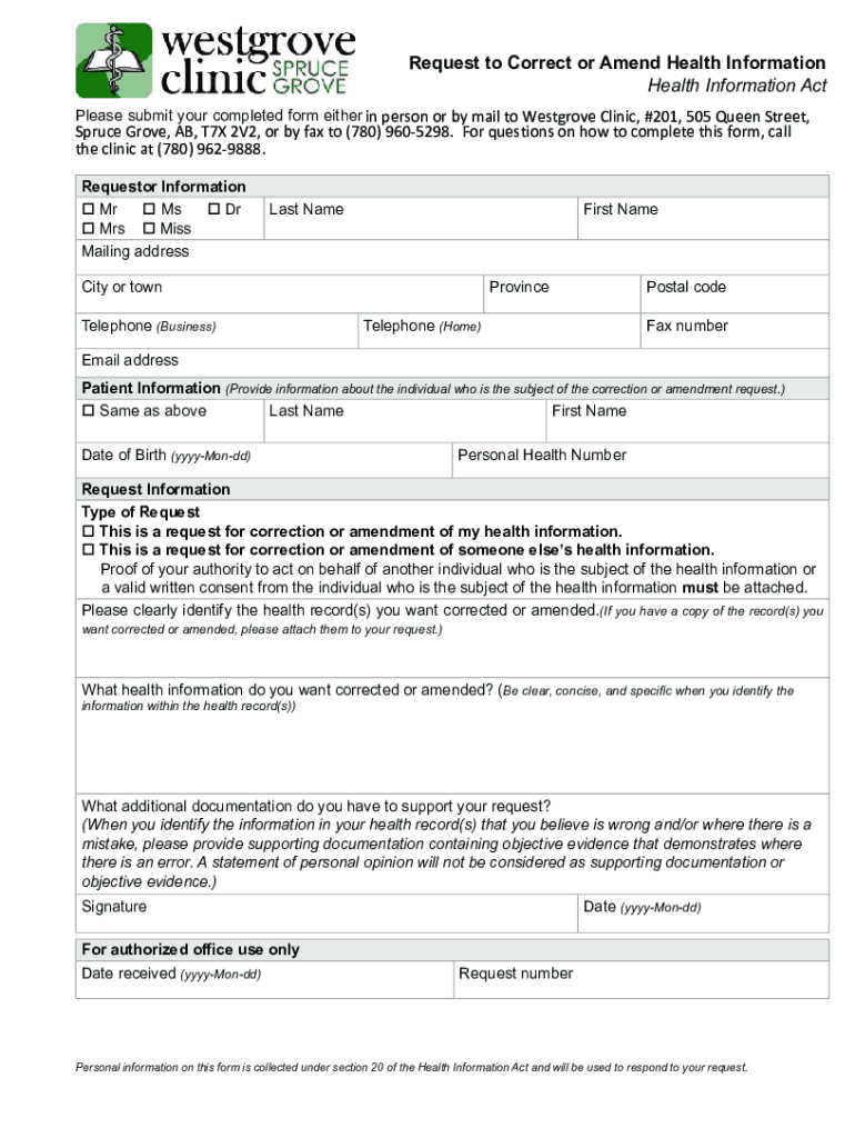 Fillable Online Request to Correct or Amend Health Information Health ...