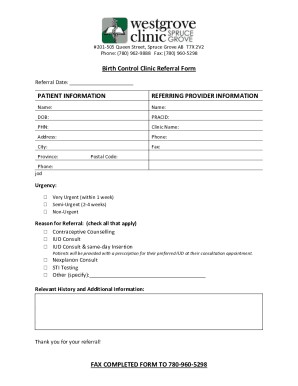 Fillable Online Birth Control Clinic Referral Form Fax Email Print ...