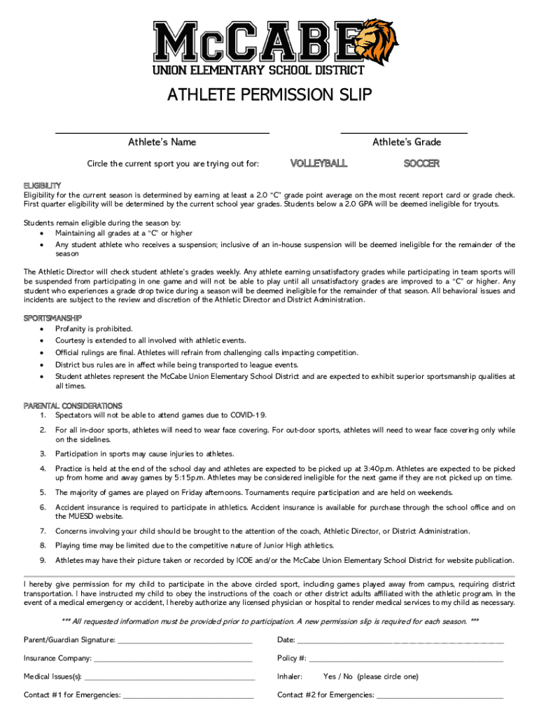 Fillable Online ATHLETE PERMISSION SLIP Fax Email Print - pdfFiller
