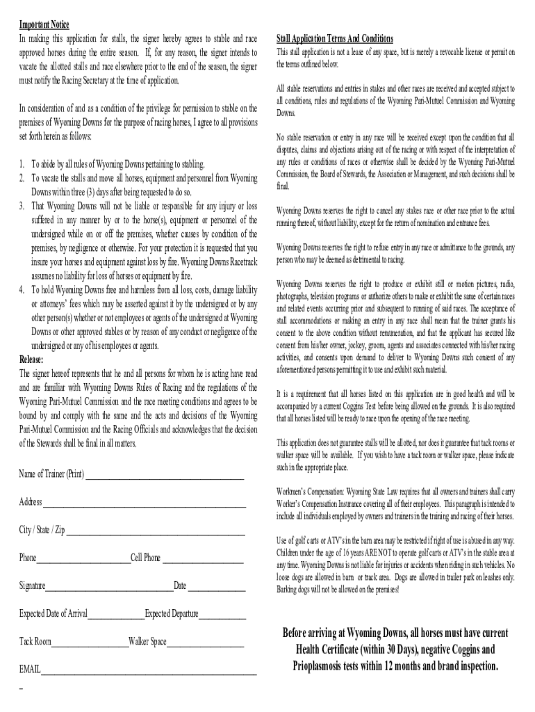 Fillable Online Turf Paradise Stall Application Fax Email Print - pdfFiller