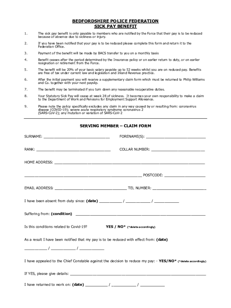 Fillable Online beds polfed Initial Sick Pay Claim Form - Jan 21 Fax ...