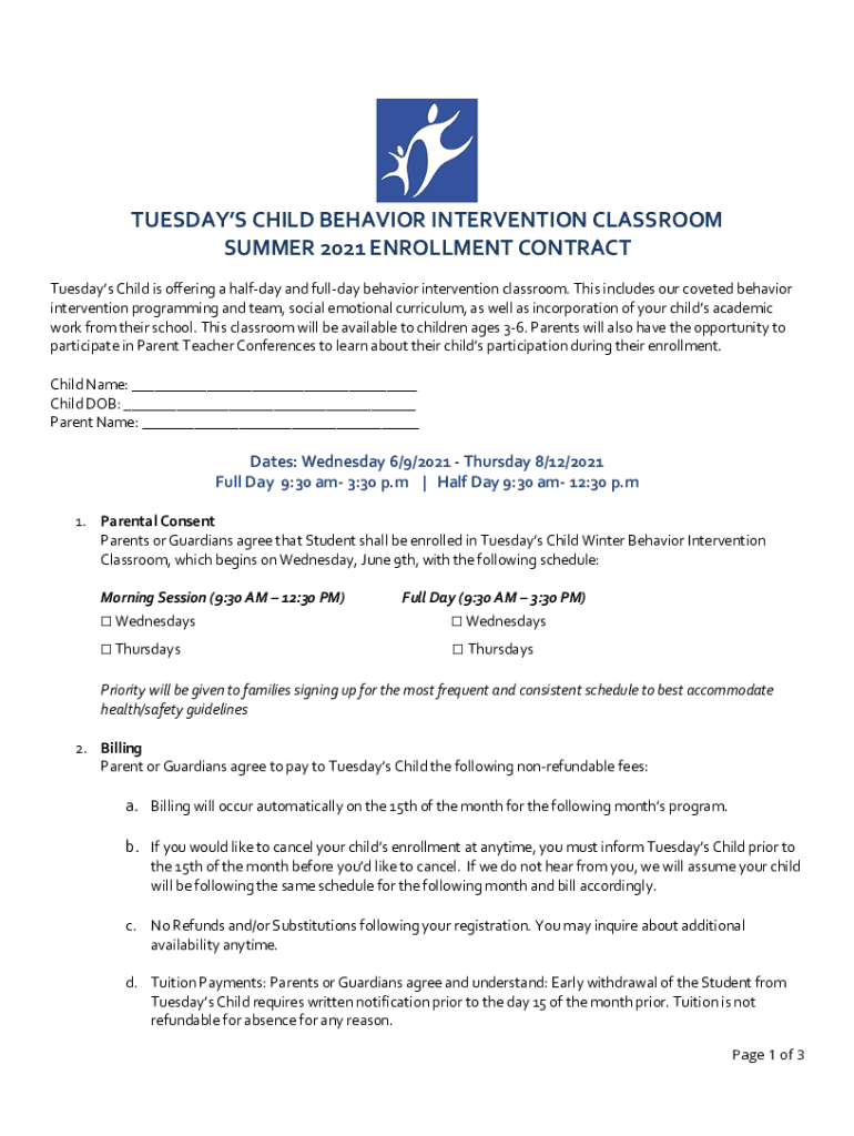 Fillable Online Behavior Intervention Classroom for ages 2-6 - Tuesday's Child Fax Email Print ...