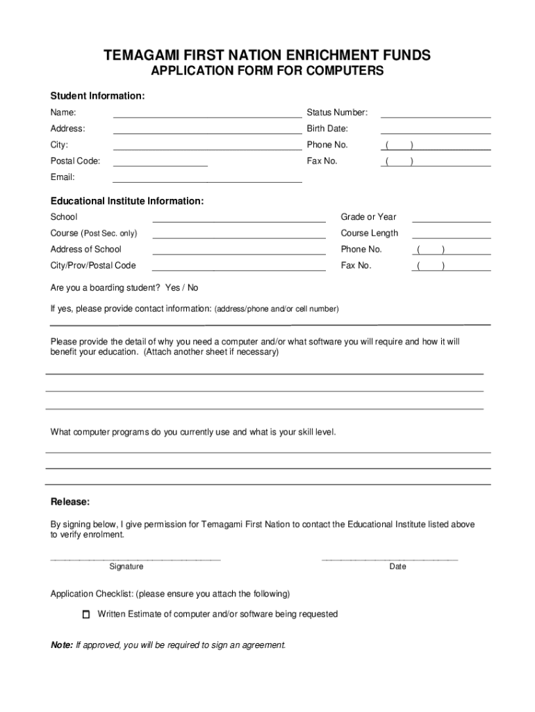 Fillable Online TEMAGAMI FIRST NATION ENRICHMENT FUNDS Fax Email Print ...