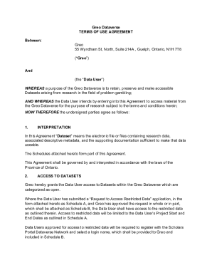 Fillable Online Greo Dataverse TERMS OF USE AGREEMENT Between: Greo 55 ...