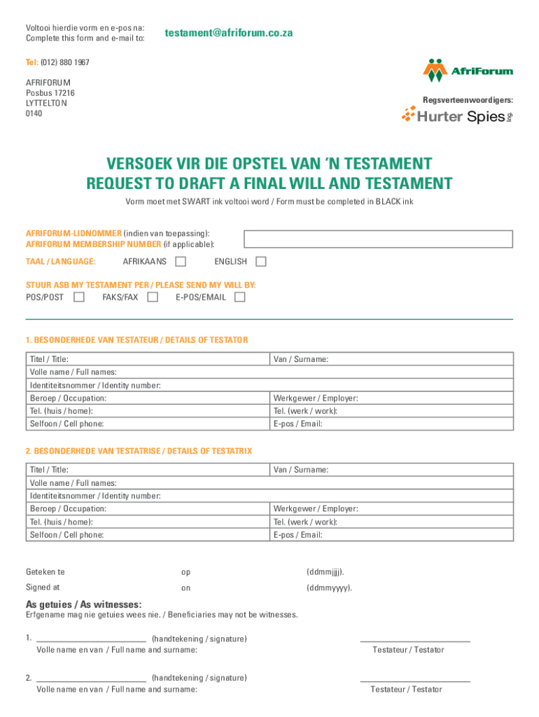 Fillable Online VERSOEK VIR DIE OPSTEL VAN 'N TESTAMENT REQUEST TO ...