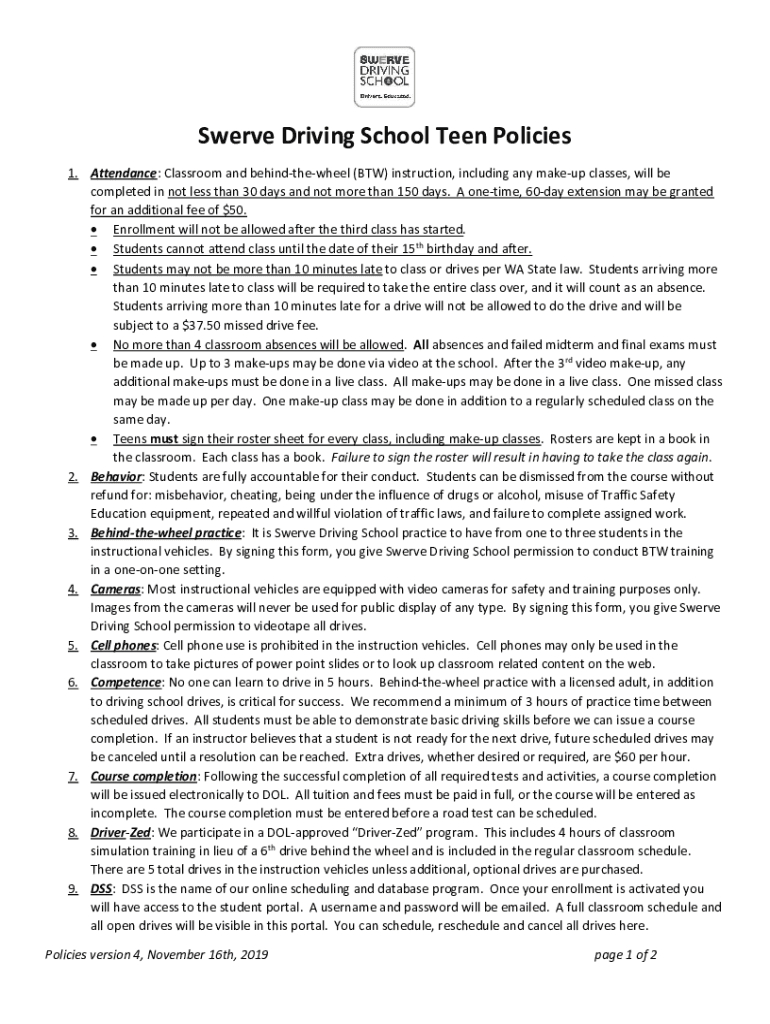 Fillable Online Swerve Driving School Covid-19 Addendum to Teen ...