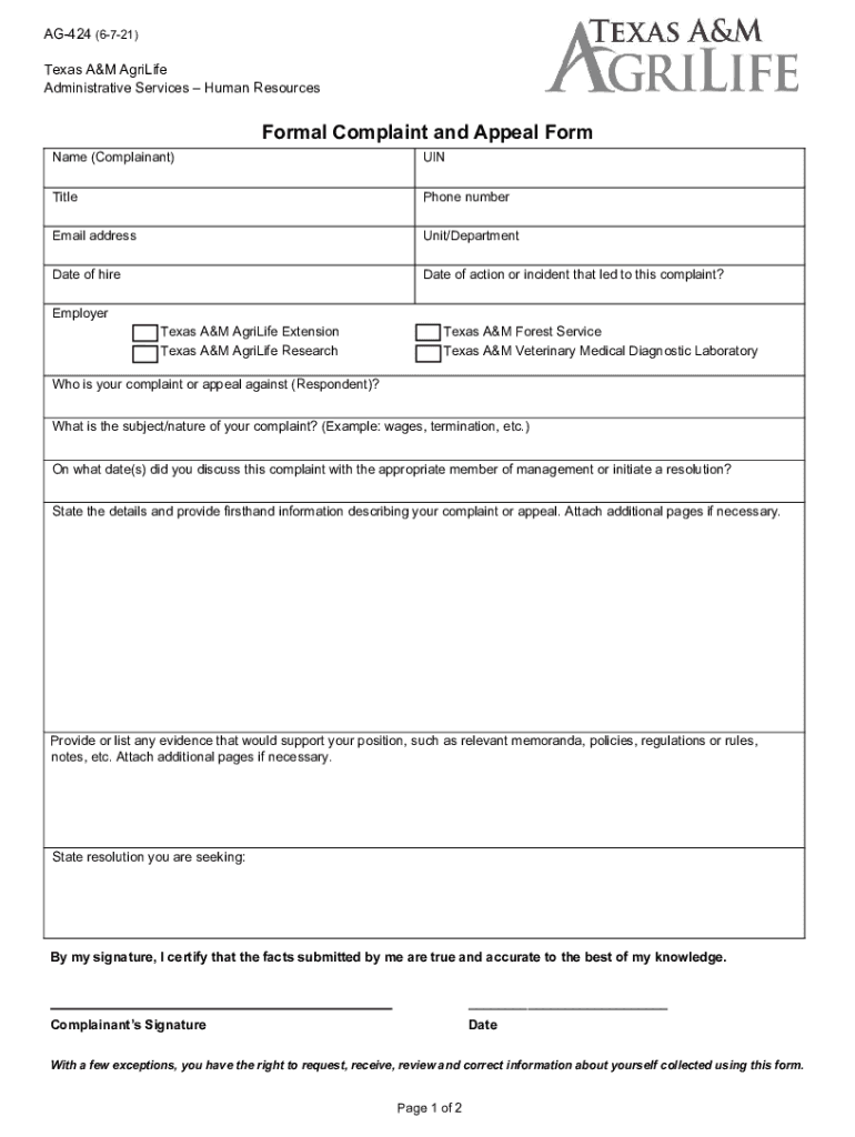 Fillable Online agrilifeas tamu Formal Complaint and Appeal Form Fax ...