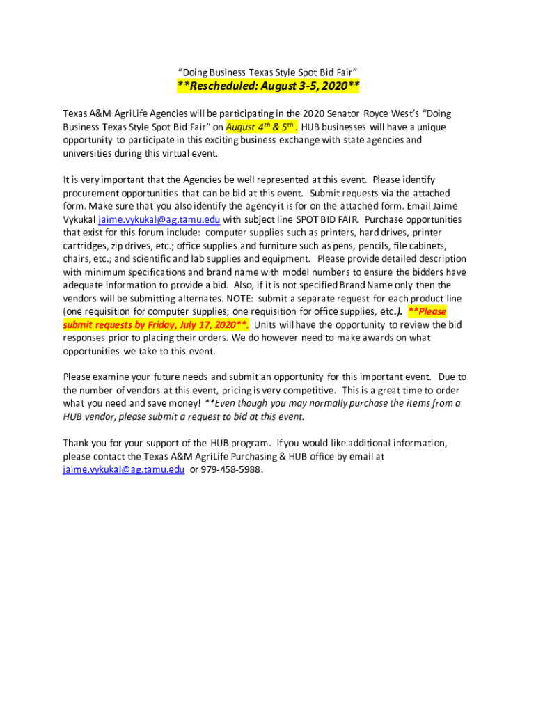 Fillable Online agrilifeas tamu Doing Business Texas Style Spot Bid Fair and HUB Expo Fax Email ...