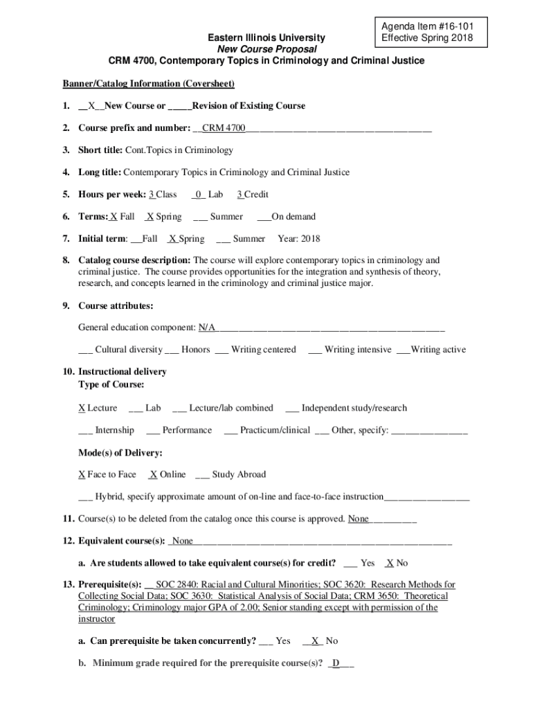 Fillable Online Eastern Illinois University New Course Proposal CRM 4700 ... Fax Email Print ...