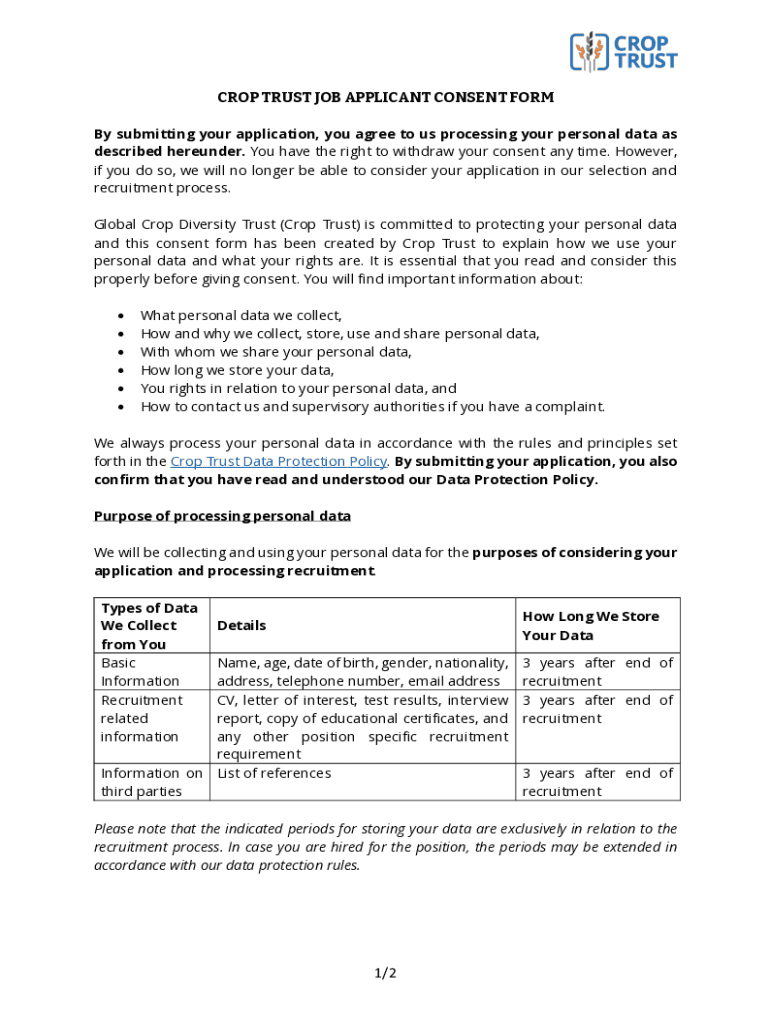 Fillable Online 1/2 CROP TRUST JOB APPLICANT CONSENT FORM Fax Email ...