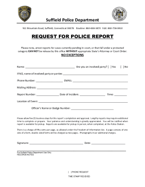 Fillable Online Suffield Police Department REQUEST FOR POLICE REPORT ...