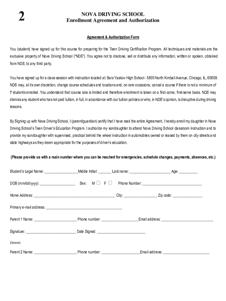 Fillable Online NOVA DRIVING SCHOOL Enrollment Agreement and ...