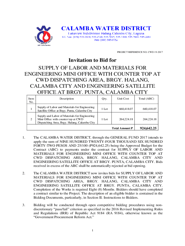 Fillable Online Invitation to Bid for - Calamba Water District Fax ...