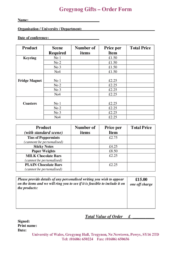 Fillable Online Gregynog Personalised Products Order Form. Gregynog ...