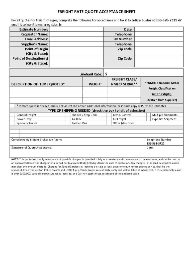 Fillable Online FREIGHT RATE QUOTE ACCEPTANCE SHEET Fax Email Print ...