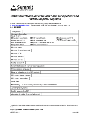 Fillable Online Behavioral Health Initial Review Form for Inpatient and ...
