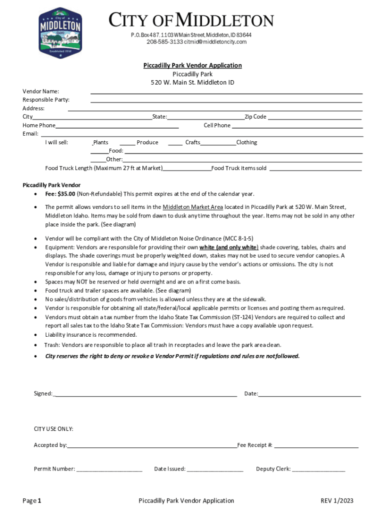 Fillable Online Piccadilly Park/Middleton Market Vendor Application Fax ...
