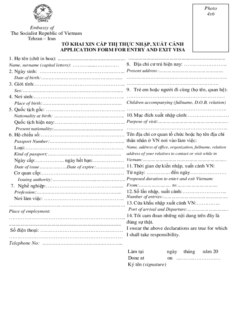 Fillable Online Vietnamese visa application formEmbassy of Vietnam in ...