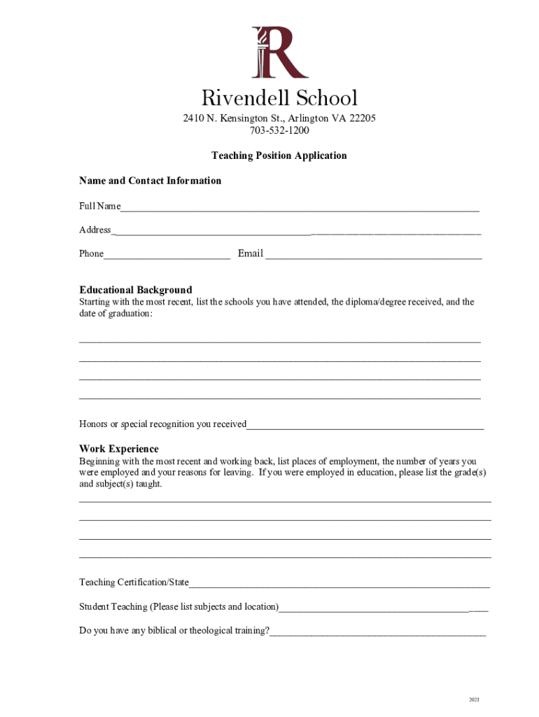 Fillable Online Teaching Application - Rivendell School Fax Email Print - pdfFiller