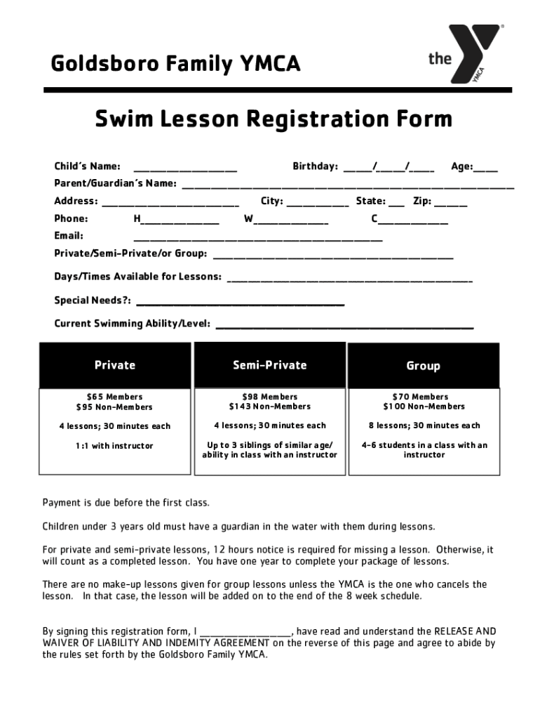Fillable Online Swim Lesson Registration Form - Goldsboro Family YMCA ...