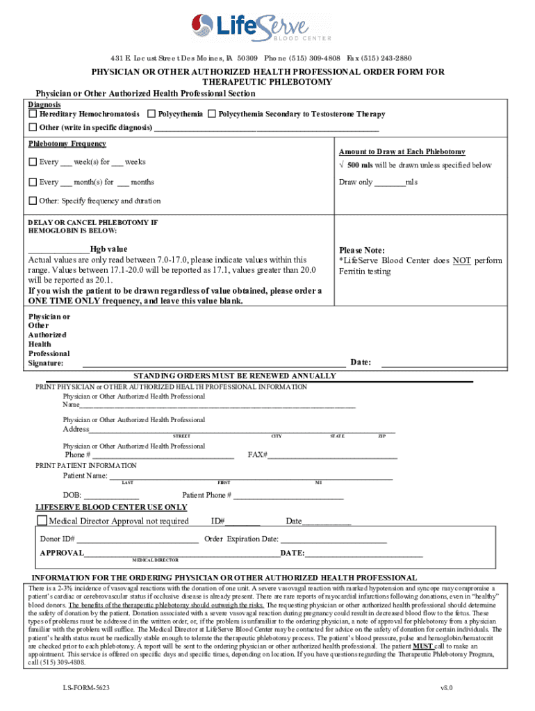 Fillable Online LS-FORM-5623 Physician Order for Therapeutic Phlebotomy ...