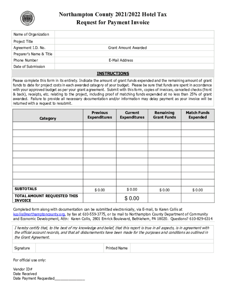 Fillable Online Northampton County 2021-2022 Hotel Tax Request for ...