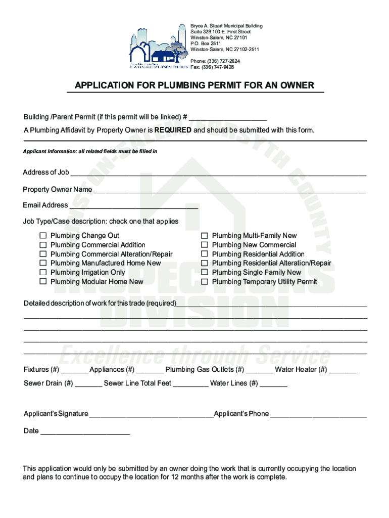 Fillable Online APPLICATION FOR PLUMBING PERMIT FOR AN OWNER Fax Email ...
