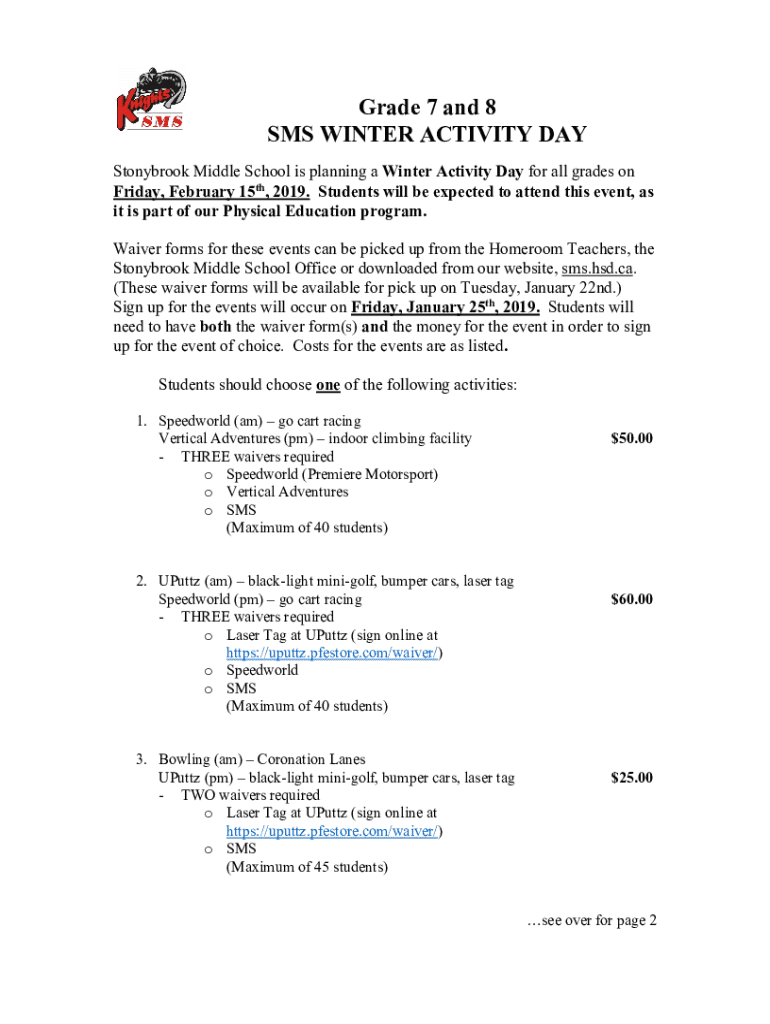 Fillable Online Grade 7 and 8 SMS WINTER ACTIVITY DAY - Stonybrook Middle ... Fax Email Print ...