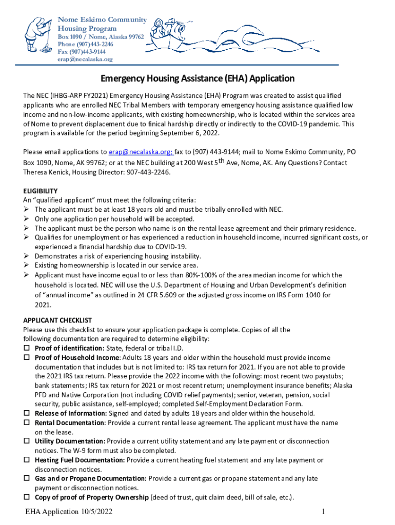 Fillable Online Emergency Housing Assistance (EHA) Application Fax ...