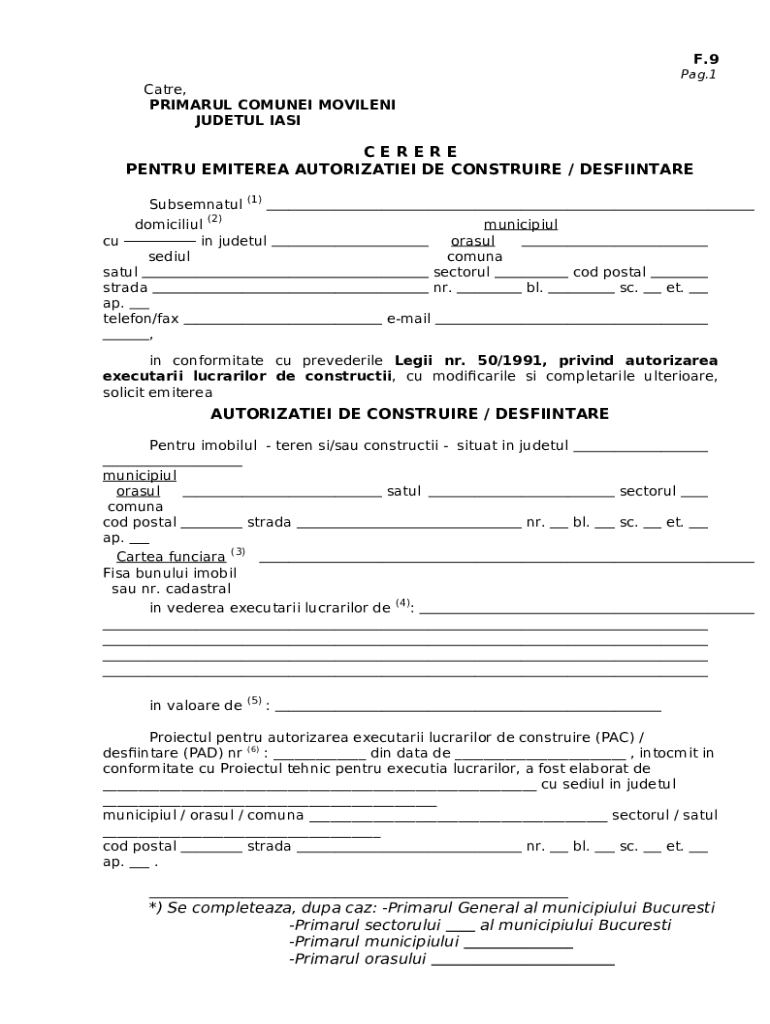 Cerere pentru emiterea Autorizatiei de Construire / Desfiintare Doc ...