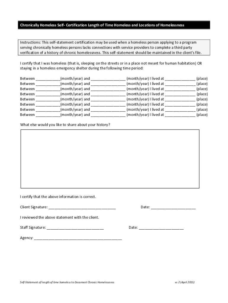 Fillable Online Chronic Homelessness Verification Packet Section 1 ...