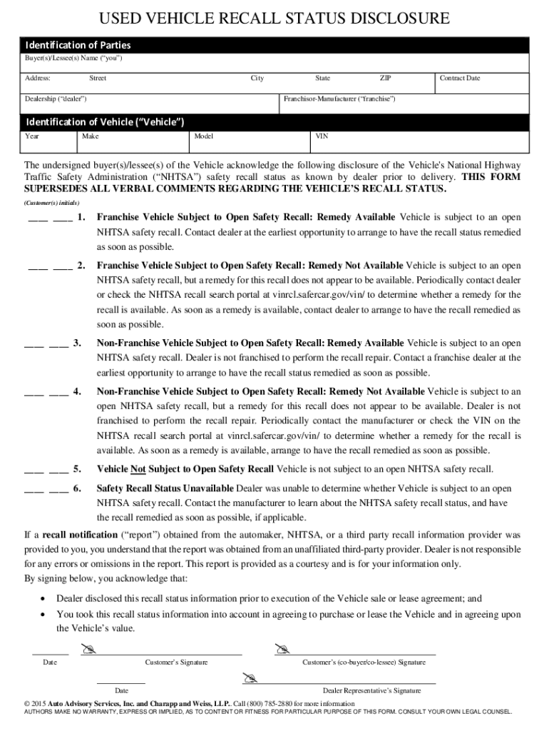Fillable Online Recall Disclosure - Fill Online, Printable, Fillable ...