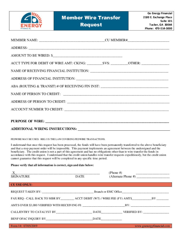 Fillable Online WIRE TRANSFER FORM - Go Energy Financial Fax Email Print - pdfFiller