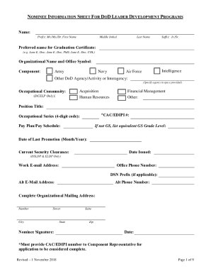 Fillable Online Nominee Information - Sheet for DoD Leader Fax Email ...