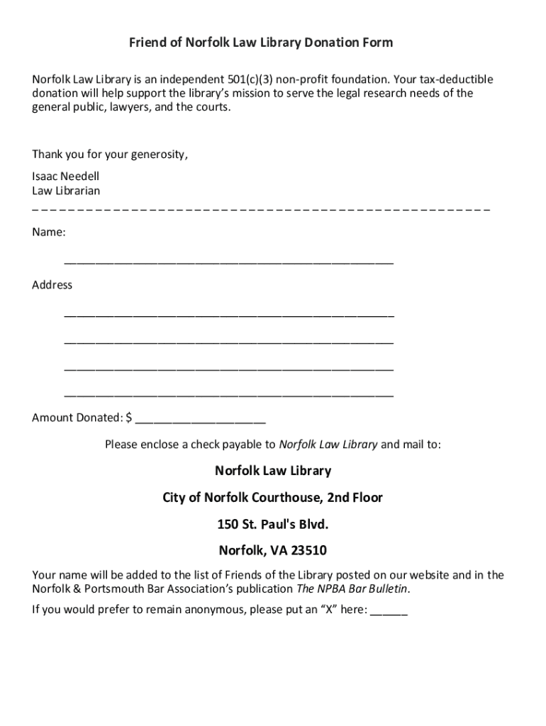 Fillable Online Friend of Norfolk Law Library Donation Form Fax Email ...