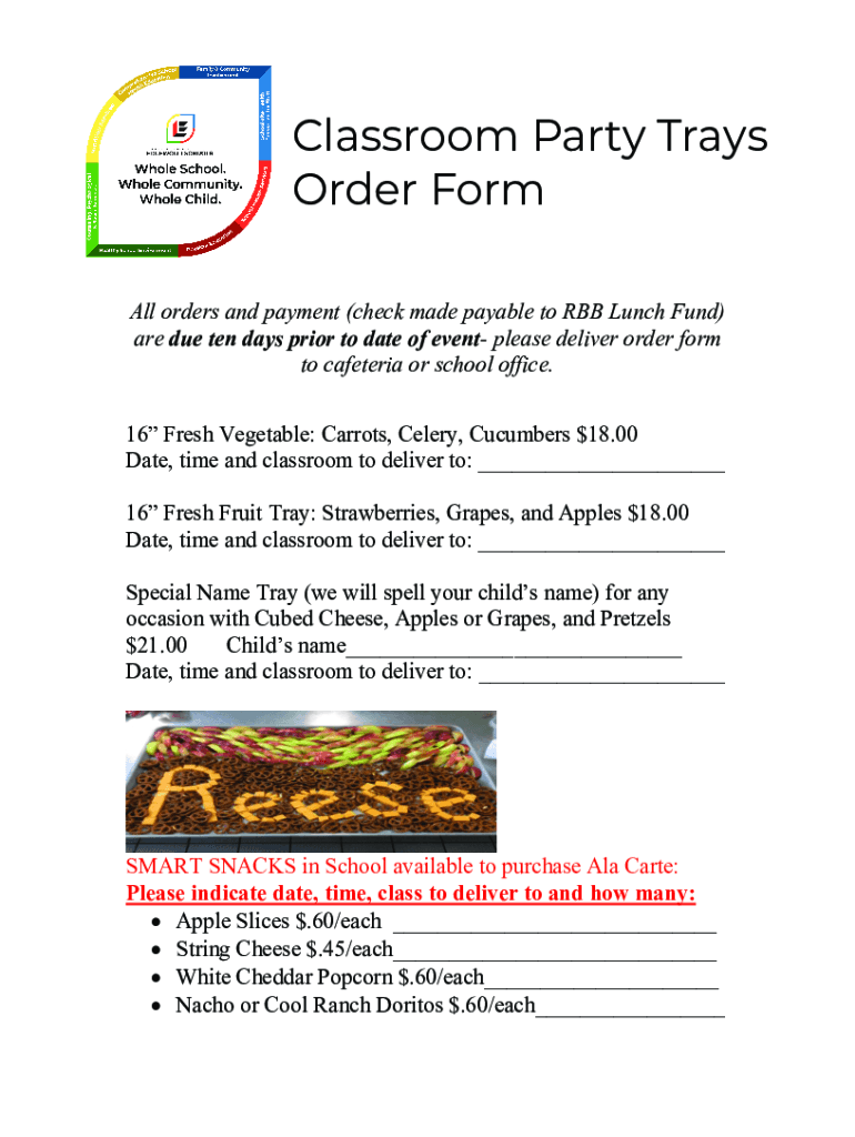 Fillable Online Classroom Party Trays Order Form - RBB School Fax Email ...
