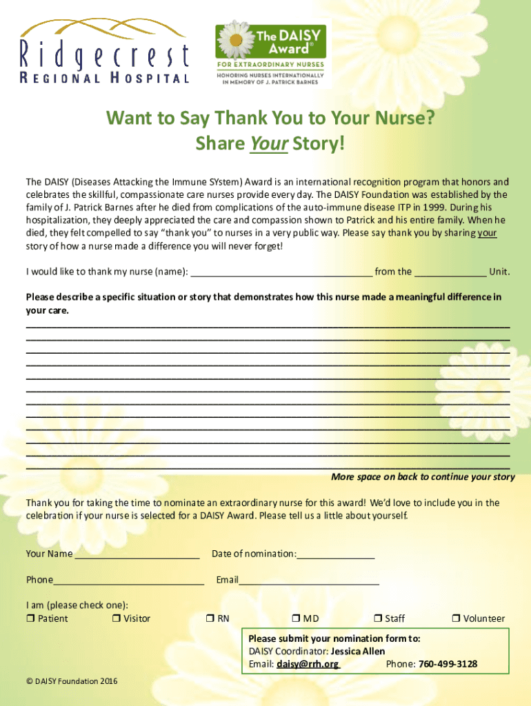 Fillable Online Daisy Award Want to Say Thank You to Your Nurse? Fax ...