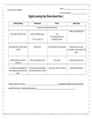 Fillable Online 1st Grade Choice Board **Each day you need to read for ...