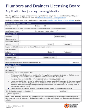 Fillable Online plumberslicensing nt gov Application for journeyman ...