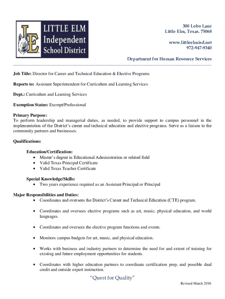 Fillable Online Job Title: Director for Career and Technical Education & Elective Programs Fax ...