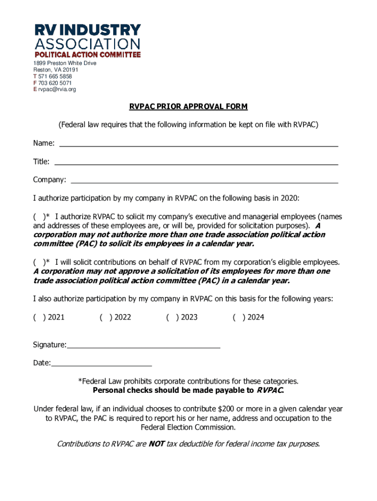 Fillable Online rvpac prior approval form - RVIA Fax Email Print ...