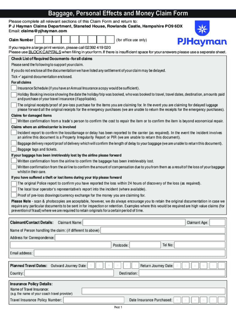 Fillable Online Baggage, Personal Effects and Money Claim Form Fax ...