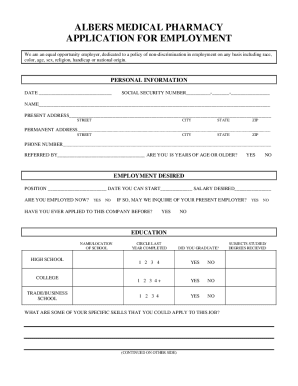 Fillable Online ALBERS MEDICAL PHARMACY APPLICATION FOR EMPLOYMENT Fax Email Print - pdfFiller