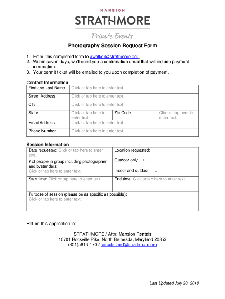 Fillable Online Photography Session Request FormStrathmore Fax Email ...