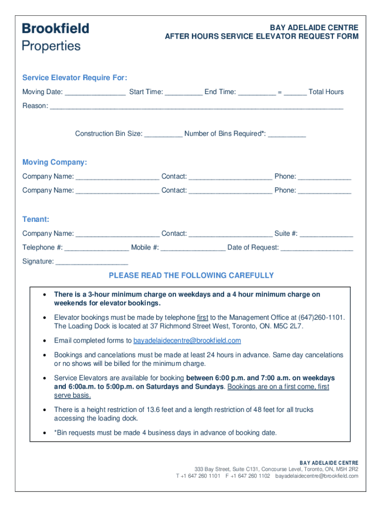 Fillable Online bay adelaide centre after hours service elevator ...