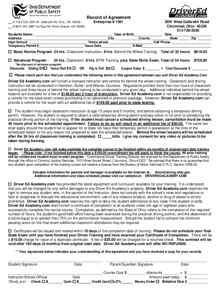 Fillable Online Driver Ed Academy - Record of Agreement for Classroom ...