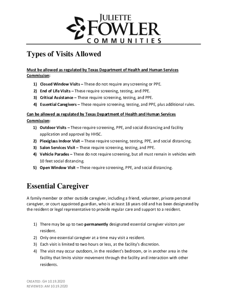 Fillable Online Types of Visits Allowed Essential Caregiver Fax Email ...