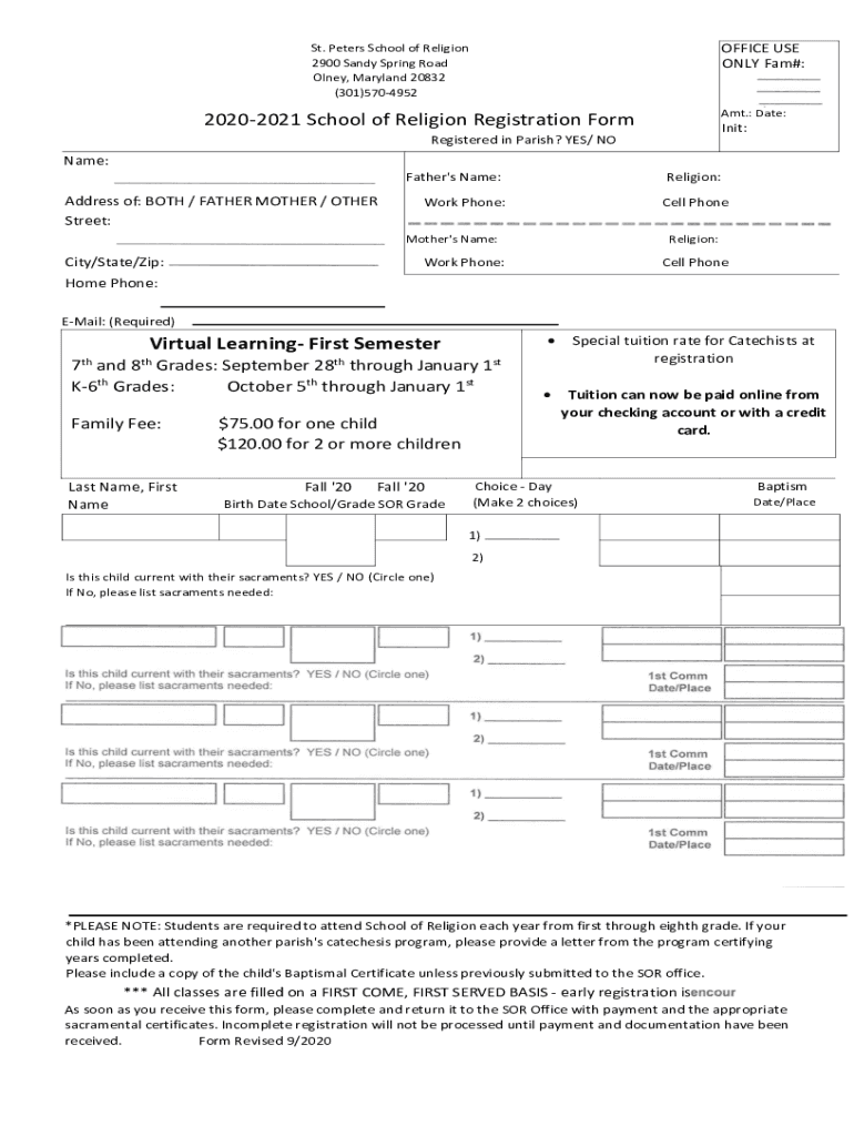 Fillable Online 2020-2021 School of Religion Registration Form ... - Saint Peter Parish Fax ...